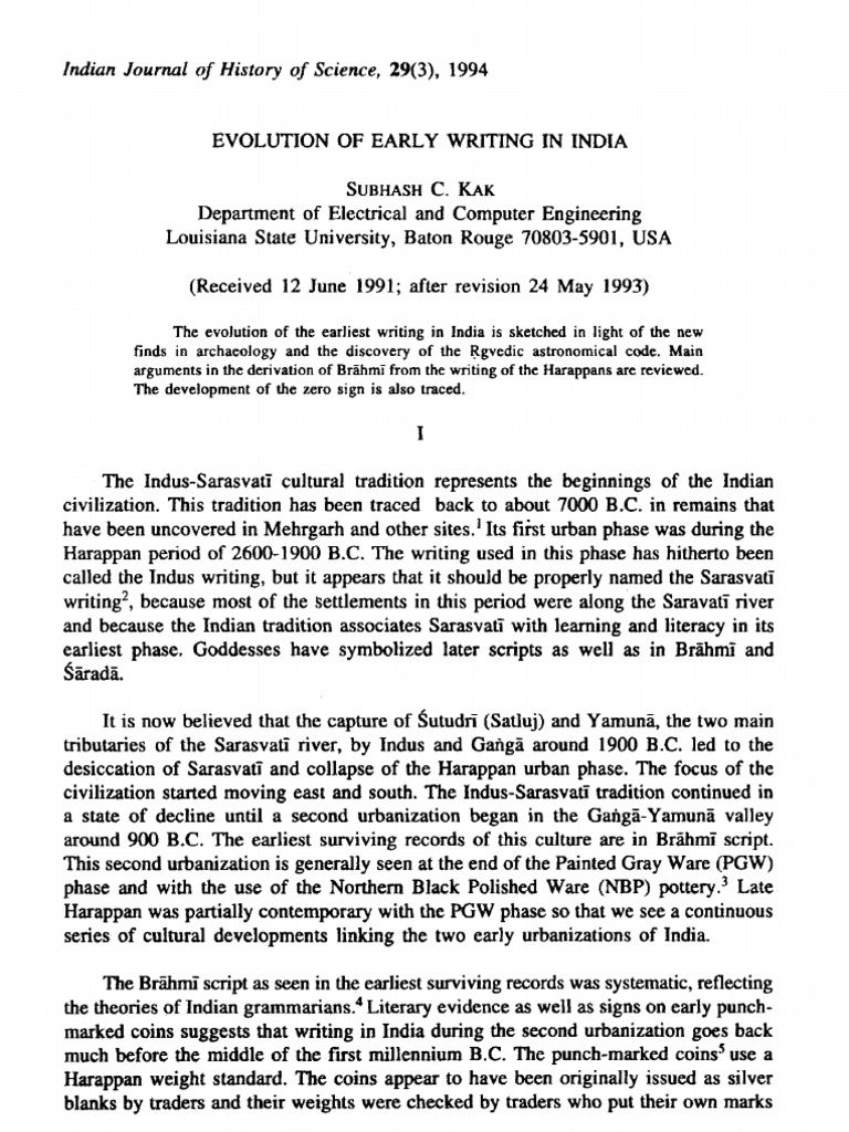 Subhash Kak Evolution of Writing in India, IJHS 29 (3) 1994 | PDF