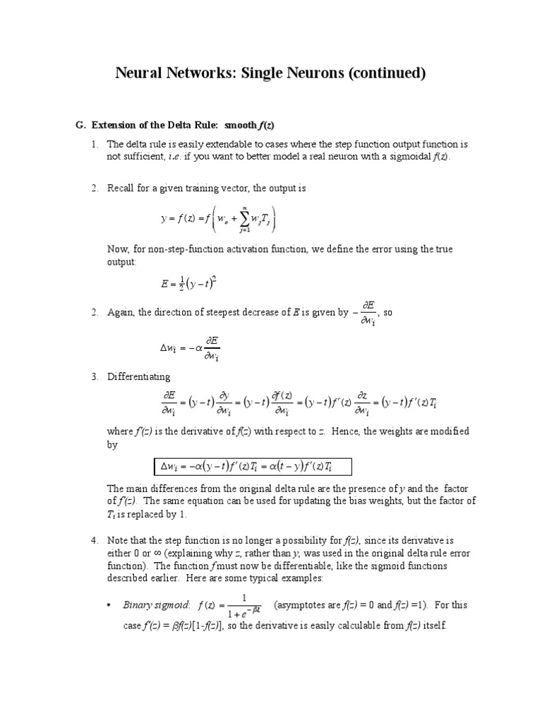 Neural Networks: Single Neurons (Continued) : G. Extension of The Delta ...