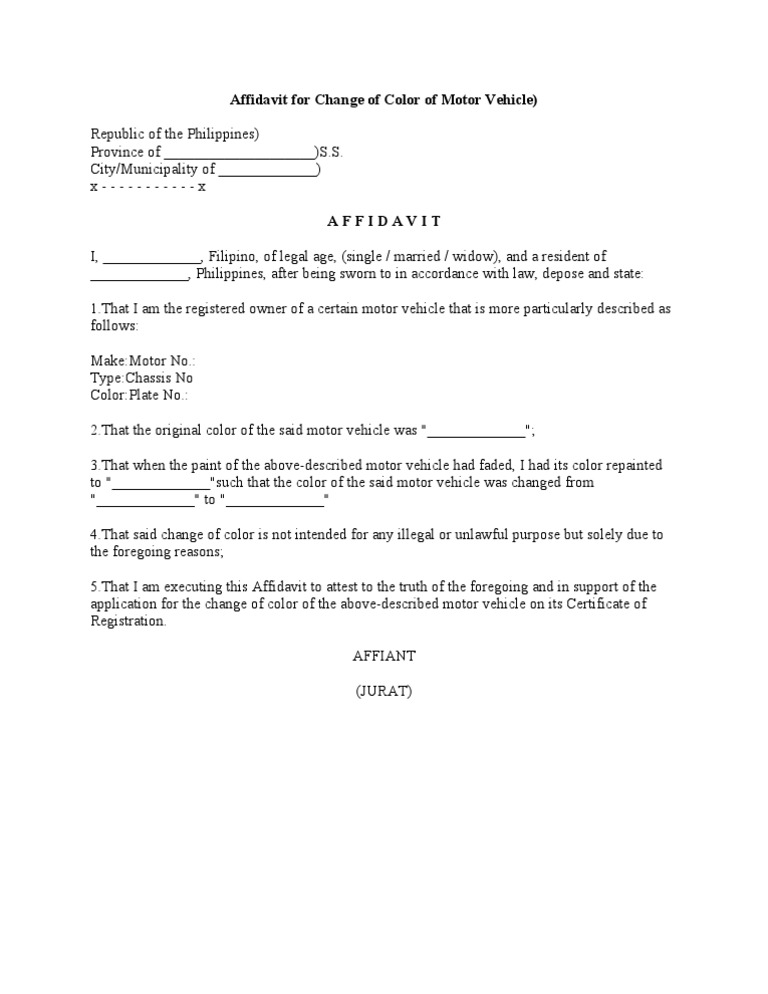 Affidavit For Change of Color of Motor Vehicle | PDF | Finance & Money ...
