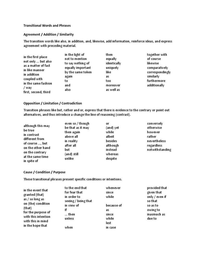 Essential Transitional Words Guide | PDF | Phrase | Cognition