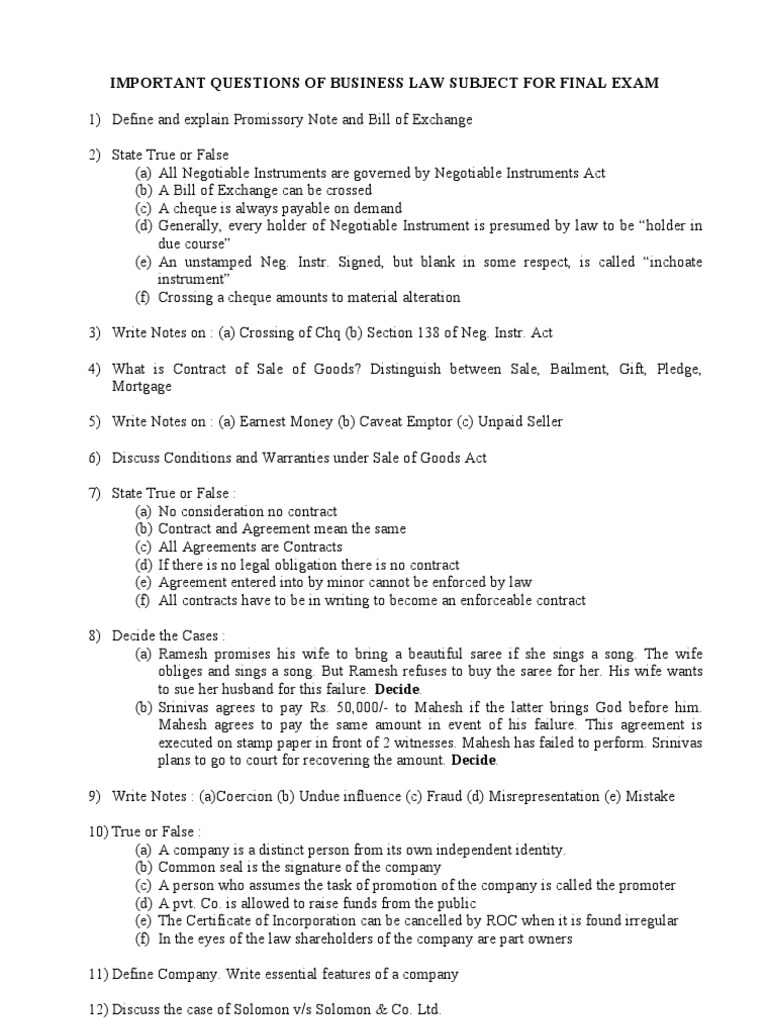 Important Questions, Business Law | PDF | Negotiable Instrument | Cheque