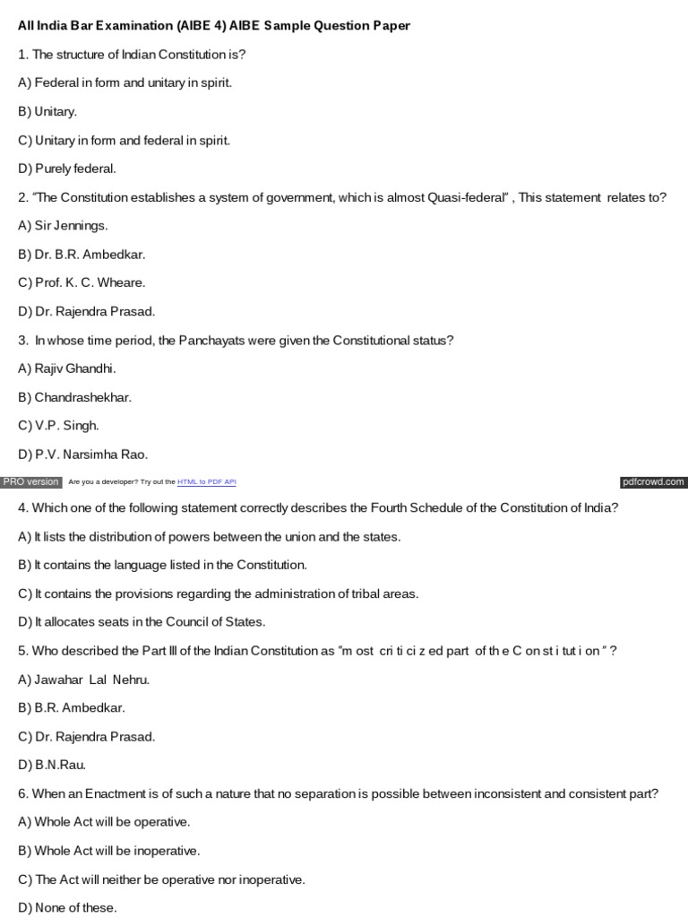 All India Bar Examination (AIBE 4) AIBE Sample Question Paper | PDF ...