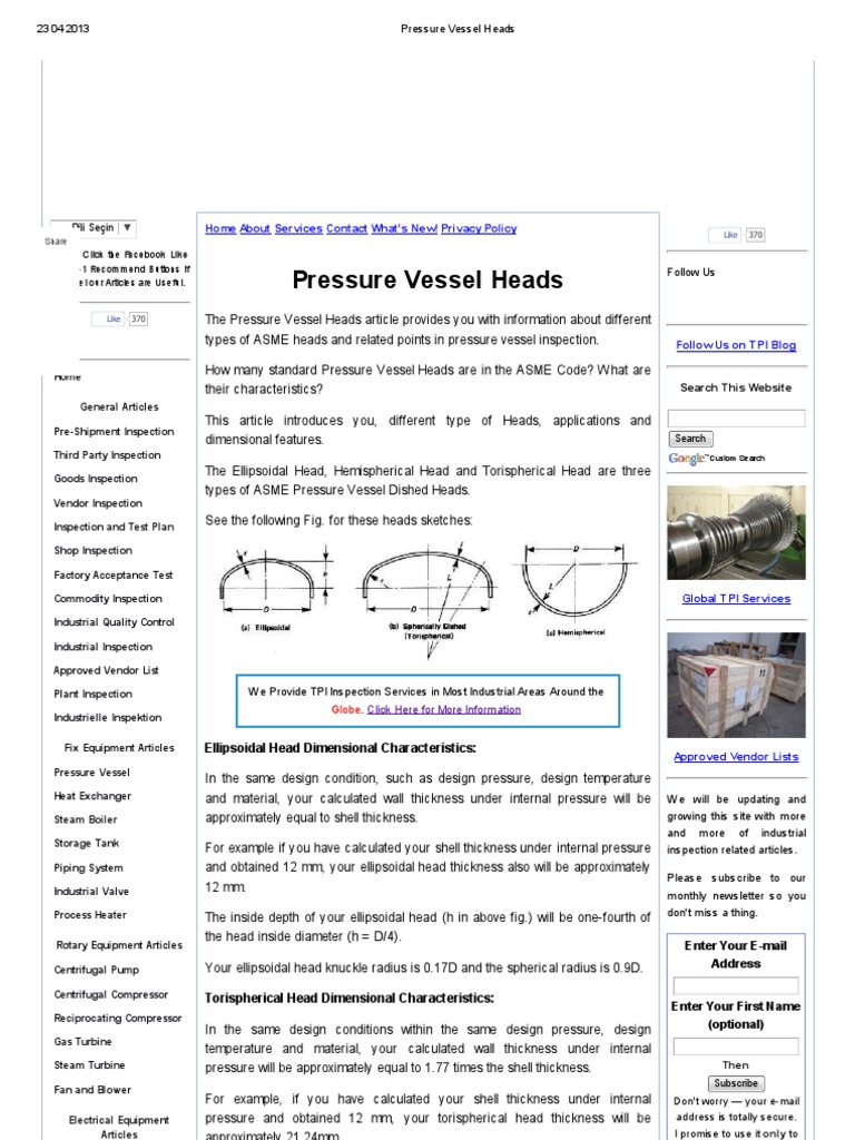 Pressure Vessel Heads Types Dimensions ASME Code | PDF | Steam ...
