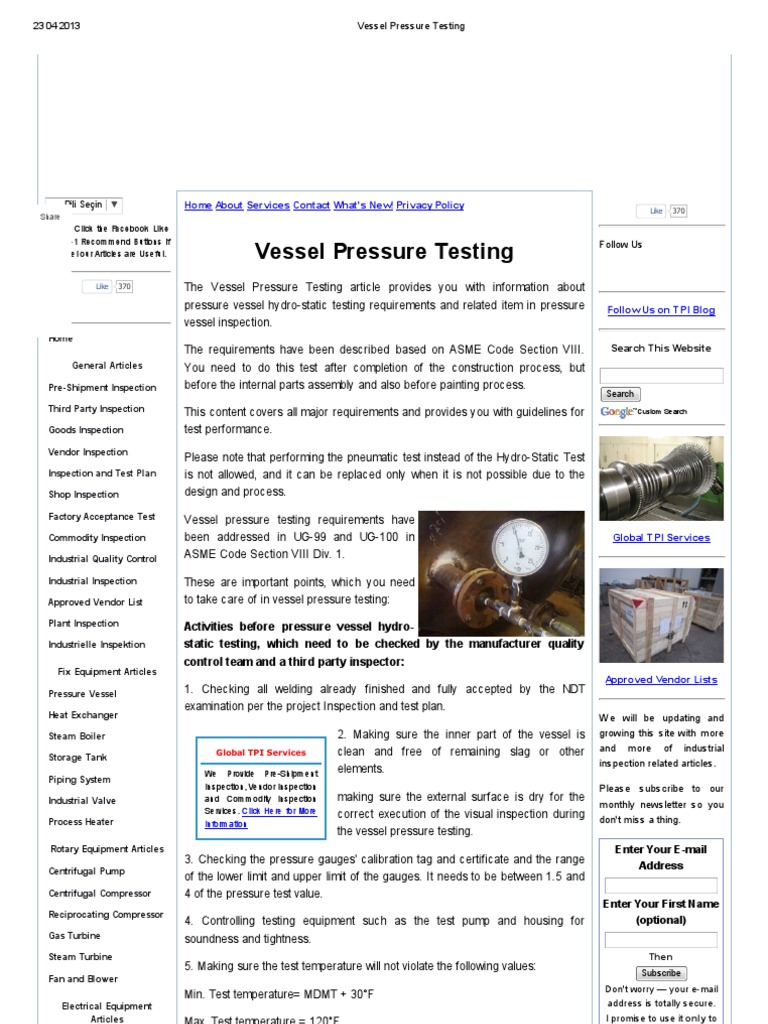 Vessel Pressure Testing | PDF | Steam | Gas Technologies