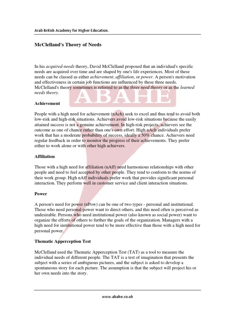 McClelland's Needs Theory Explained | PDF | Organizational Behavior ...