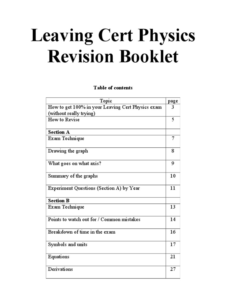 Leaving Cert Physics Revision Booklet | Force | Electric Current | Free ...