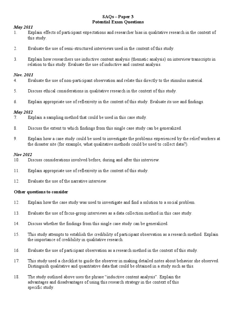 Qualitative Research Exam Questions | PDF | Qualitative Research ...