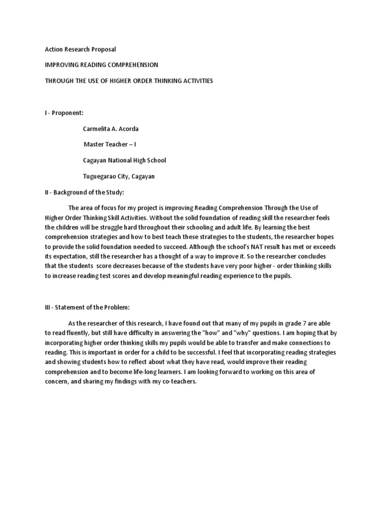 Sample Action Research Proposal | PDF | Reading Comprehension | Teachers