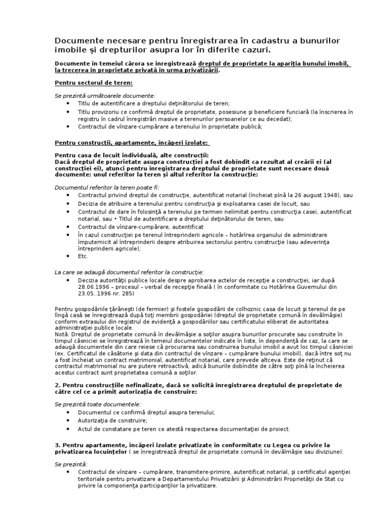 Documente Necesare Pentru Inregistrarea in Cadastru A Bunurilor Imobile ...