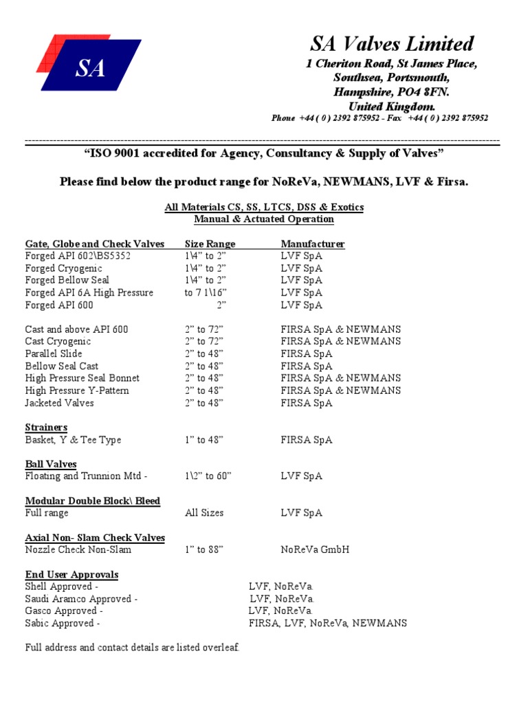 Sa Valve LVF, Firsa, Newmans & Noreva Vendor List | PDF | Valve | Email