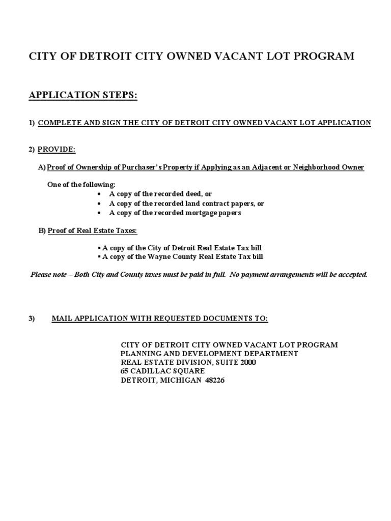 City Owned Vacant Lot Application For Detroit (Side Lot Application ...
