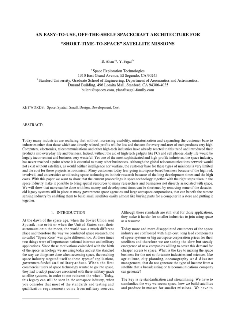 An Easy-To-Use, Off-The-Shelf Spacecraft Architecture For "Short-Time ...