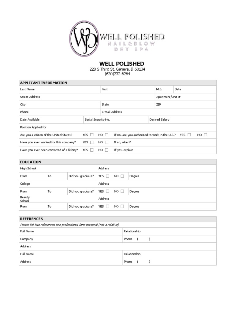 Job Application Form for Well Polished | PDF | Business