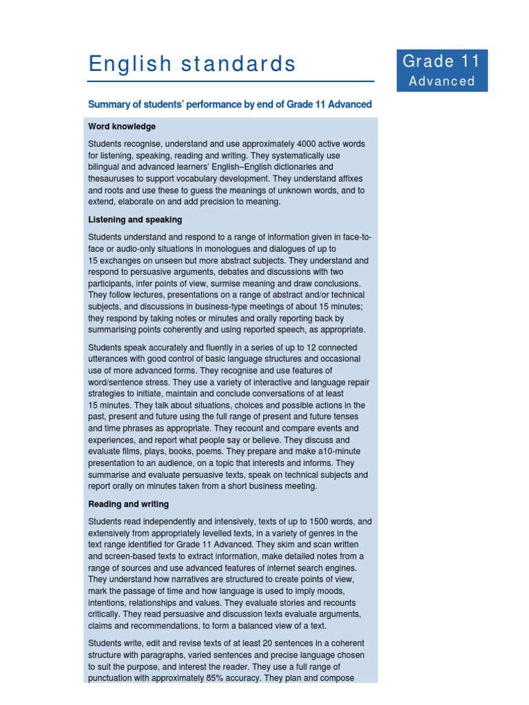 English Standards: Grade 11 | PDF | Argument | Reading (Process)