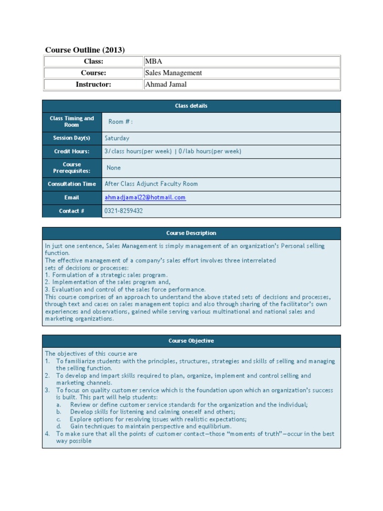 Course Outline - Sales Management-SZABIST | PDF | Sales | Strategic ...