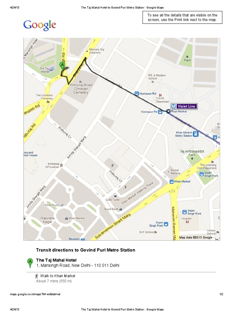 The Taj Mahal Hotel To Govind Puri Metro Station - Google Maps | PDF