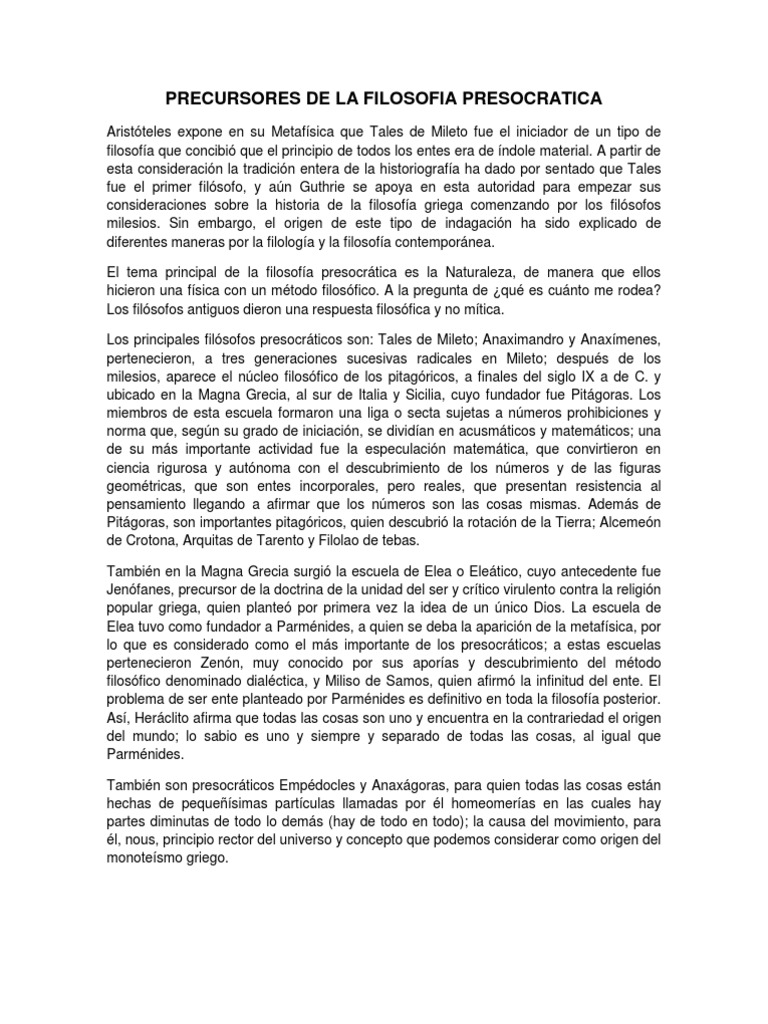 Filosofía Presocrática: Orígenes y Principales Pensadores | PDF ...