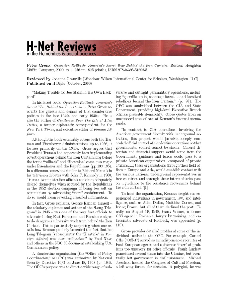 Review of Peter Grose, - Operation Rollback - by Johanna Granville ...