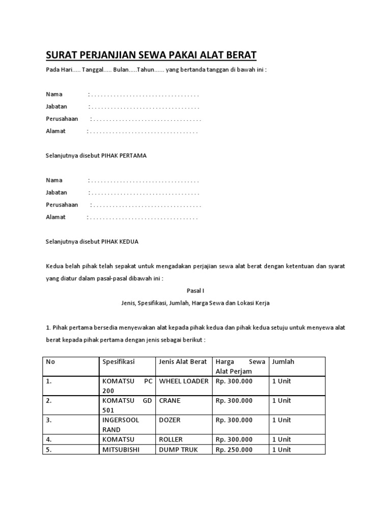 Surat Perjanjian Sewa Pakai Alat Berat | PDF