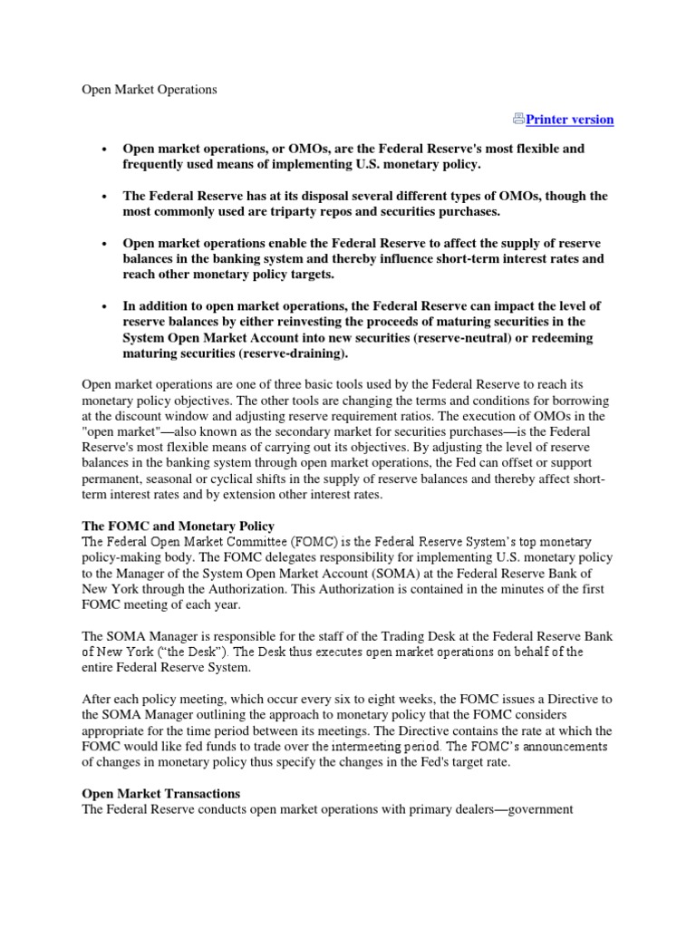 Fed Reserve OMOs Explained | PDF | Open Market Operation | Federal ...