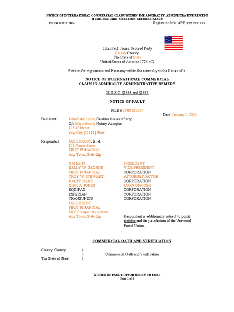 Notice of Fault and Opportunity to Cure Commercial Claim | PDF | Surety ...