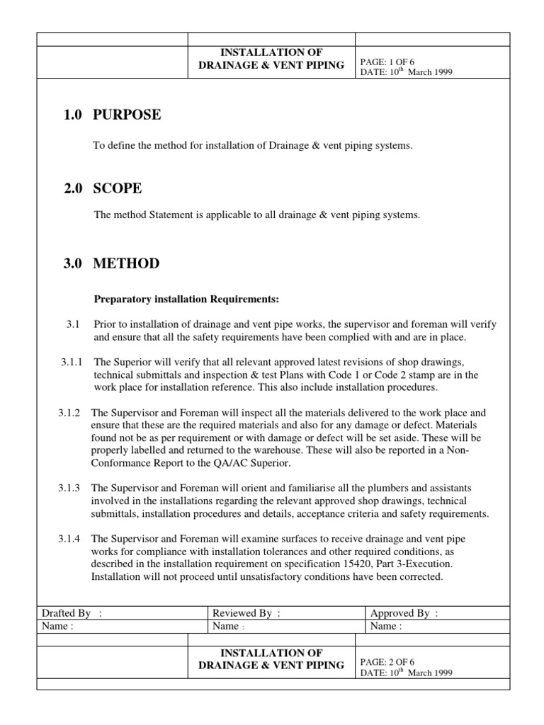 Method Statement for Drainage & Vent Piping | Pipe (Fluid Conveyance ...