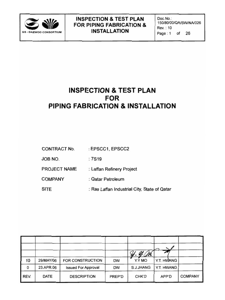 Inspection & Test Plan For Pipiing Fabrication & Installation | PDF