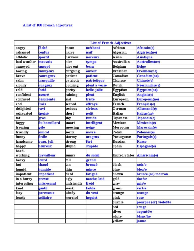 A List of French Adjectives | PDF | Voyages | Histoire