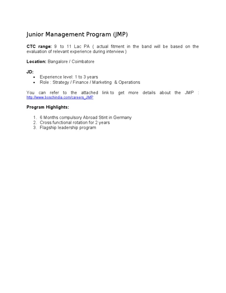Junior Management Program (JMP) : CTC Range | PDF