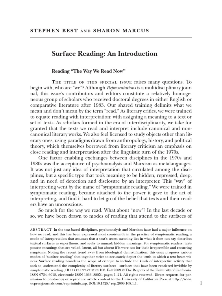 Stephen Best and Sharon Marcus - Surface Reading: An Introduction | PDF ...