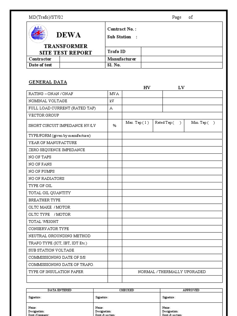 DEWA Power Transformer Site Test Report Format | PDF | Transformer ...