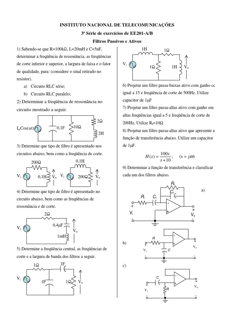 Circuitos 2 Filtros Inatel EE201 | PDF | Processamento de sinais | Engenharia Elétrica