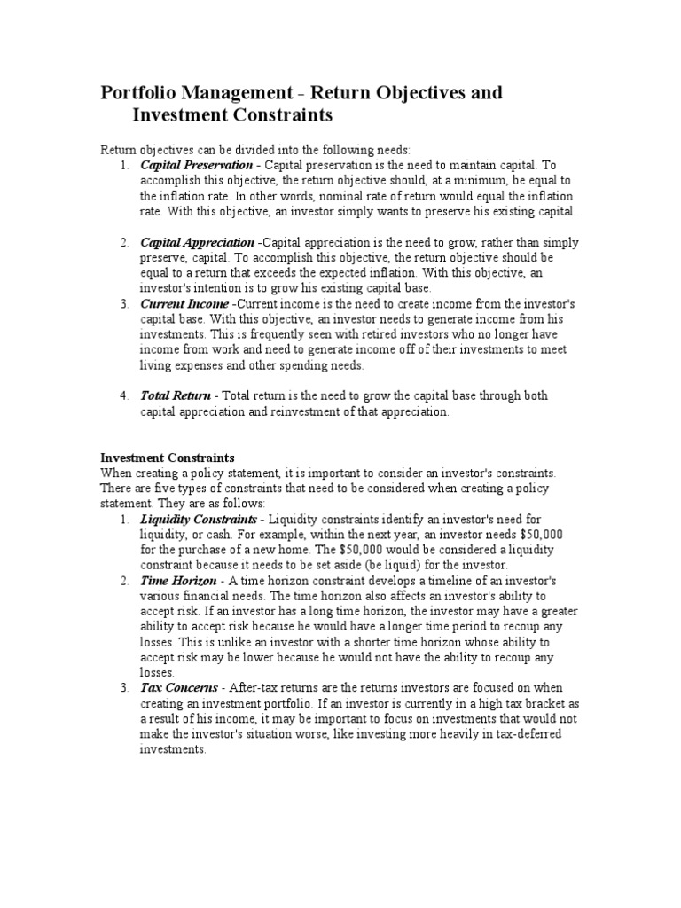 Portfolio Management - Return Objectives and Investment Constraints ...