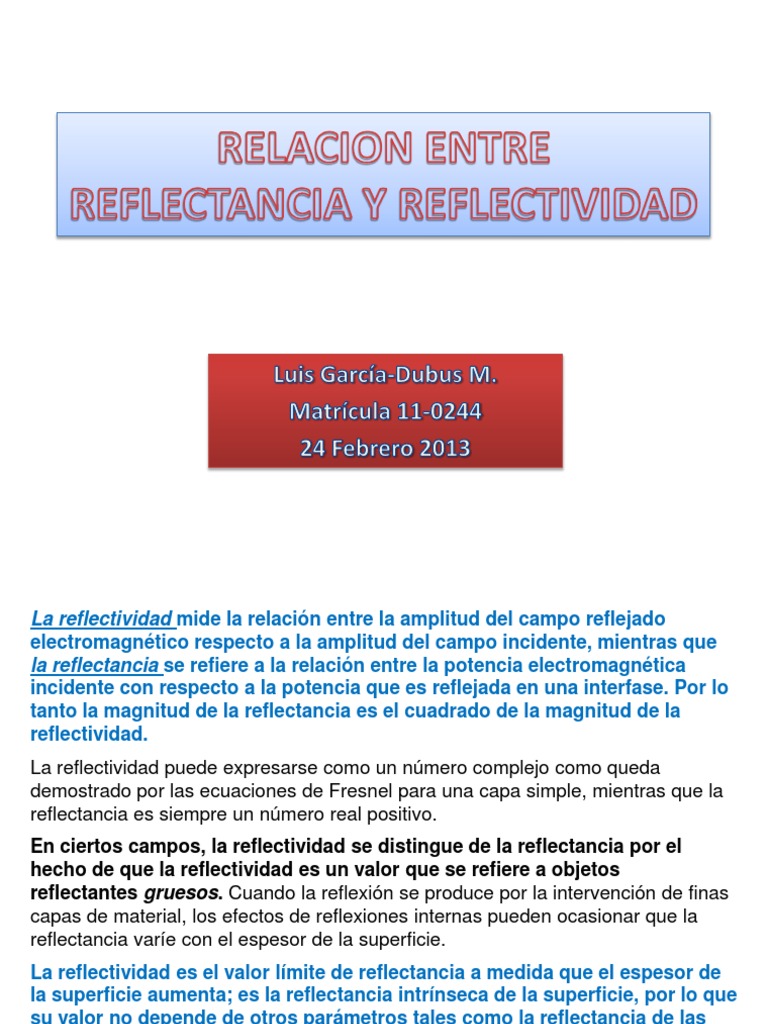 Lgdm Reflectancia y Reflectividad | Reflectancia | Reflexión (Física)