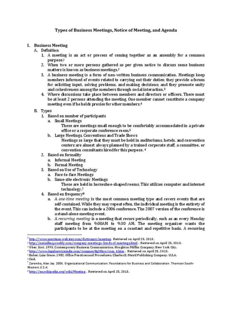 Types of Business Meetings, Notice of Meeting, and Agenda | PDF ...