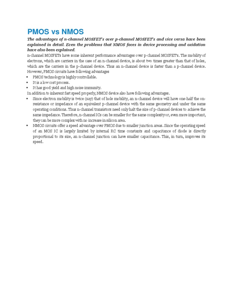 Pmos Vs Nmos | PDF | Mosfet | Field Effect Transistor