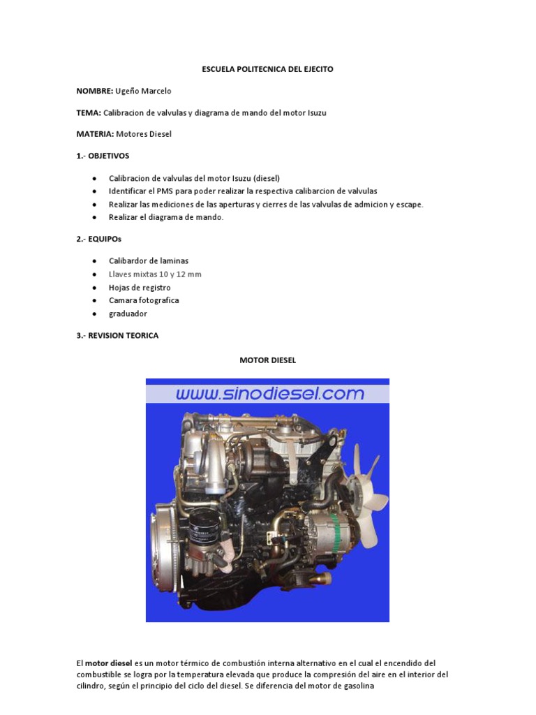 Calibración de válvulas y diagrama de mando del motor Isuzu ...