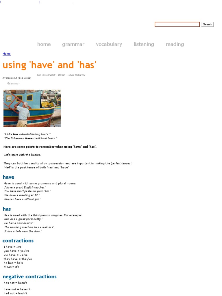 Using 'Have' and 'Has' - Learn English | PDF | Perfect (Grammar) | Verb