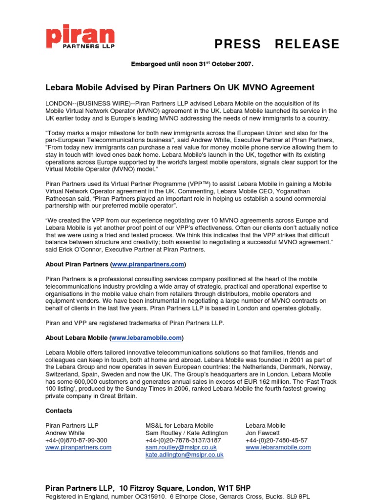 MVNO Consultants Piran Partners Lebara SUCCESS | PDF | European Union | Telecommunications