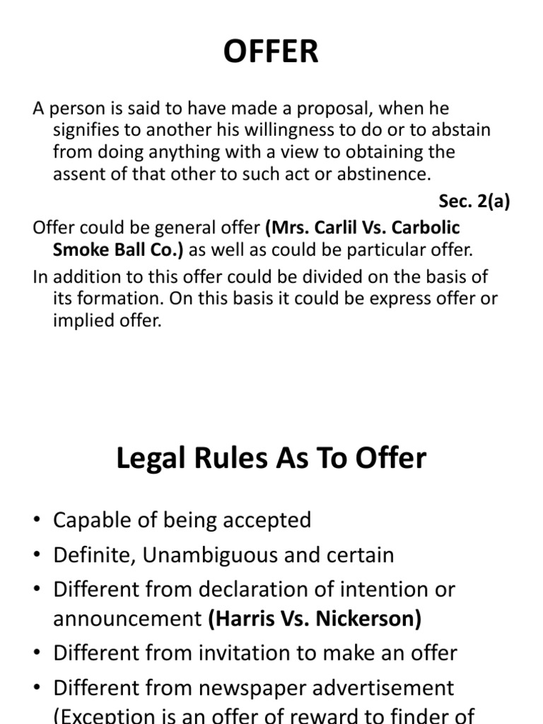 Offer, Acceptance, Consideration and Capacity | PDF | Offer And ...