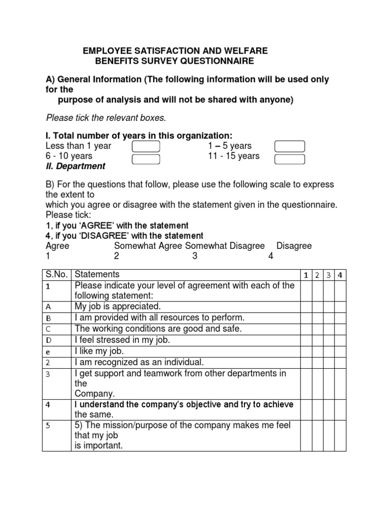 Questionaire of Employee Satisfaction and Welfare | PDF