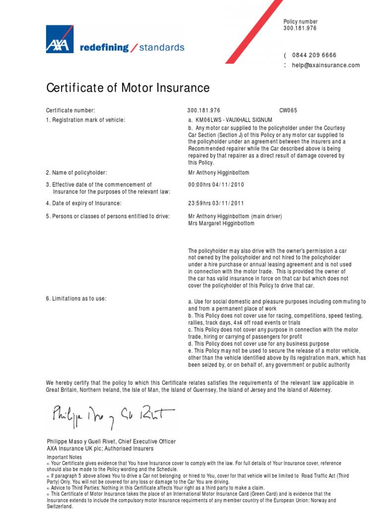 Motor Certificate | Download Free PDF | Vehicle Insurance | United Kingdom