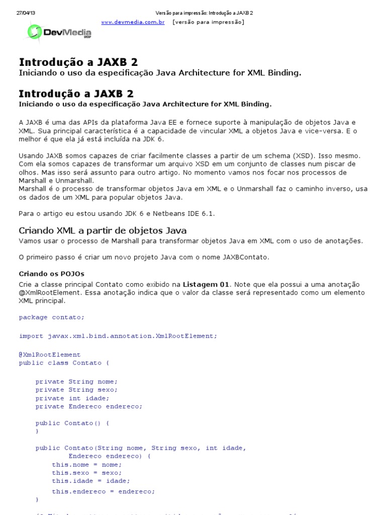 Java e XML - JAXB | PDF | Java (linguagem de programação) | Classe ...
