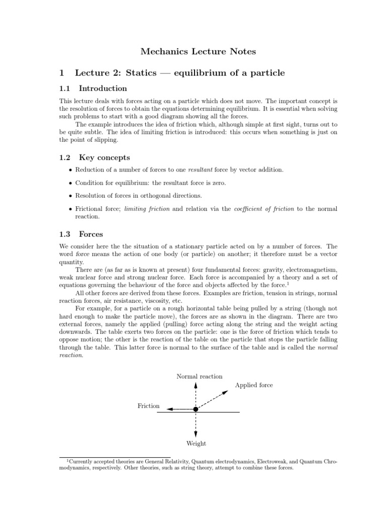 Mechanics Lecture Notes 1 Lecture 2: Statics - Equilibrium of A ...