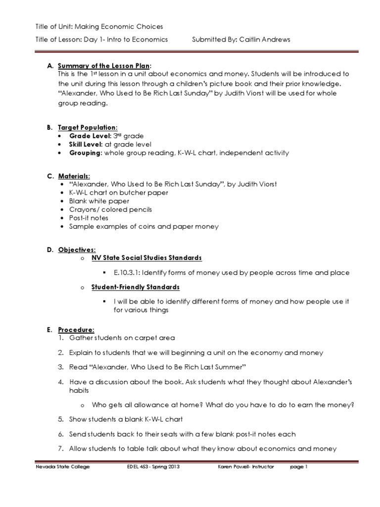 EDEL453 Spring2013 CaitlinANDREWS Unit 4 Economics Day1 | PDF | Lesson ...