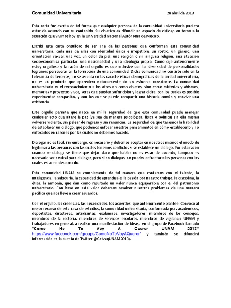 Carta para La Comunidad UNAM | PDF | Universidad | Tolerancia