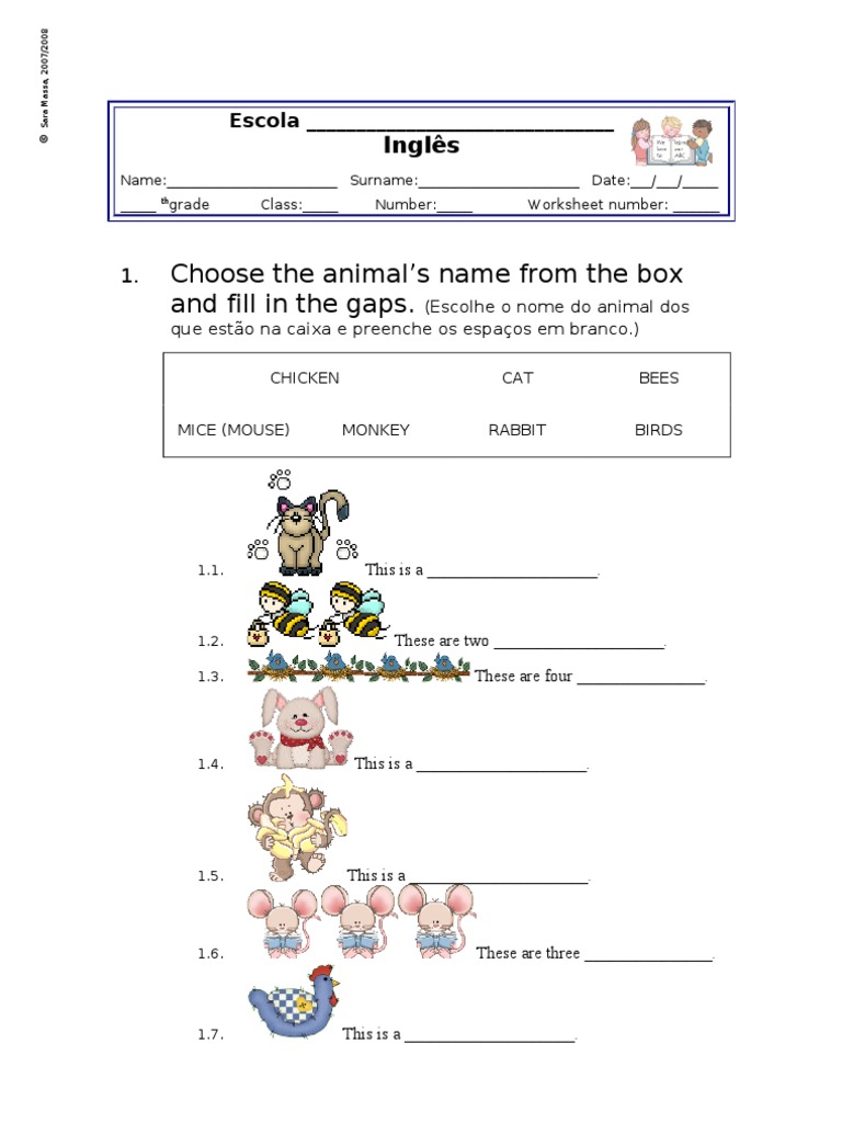 Fill in the Animal Names Worksheet | PDF
