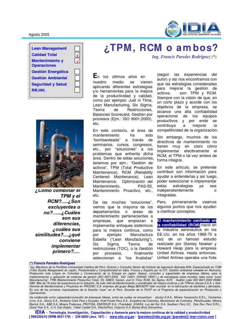 RCM y TPM E Magister | PDF | Ingeniería de confiabilidad | Lean ...