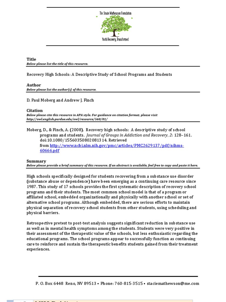 Recovery High Schools: A Descriptive Study of School Programs and ...