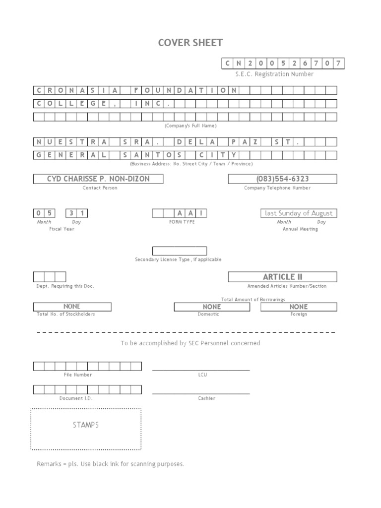 SEC Registration Cover Sheet Template | PDF